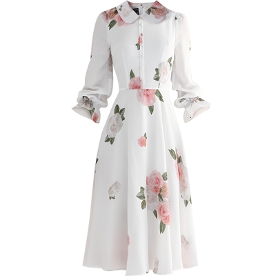温柔复古白色气质衬衫连衣裙碎花