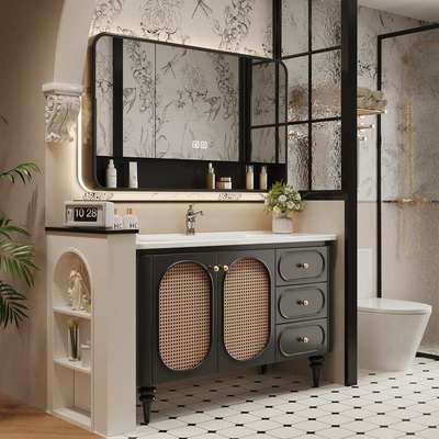 智能法式藤编浴室柜复古风橡木洗漱台陶瓷一体盆洗脸池洗手台盆柜