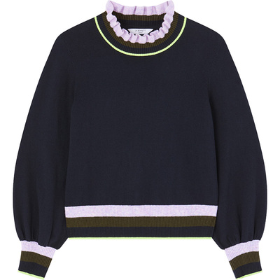 LK BENNETT深蓝毛衣2025秋冬新款时尚个性套头撞色木耳边小高领