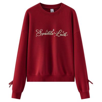 森马蕾丝蝴蝶结宽松红色卫衣女