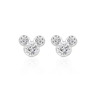 JXRXs999纯银可爱小熊耳钉女螺丝拧扣养耳洞耳环超闪锆石足银耳饰