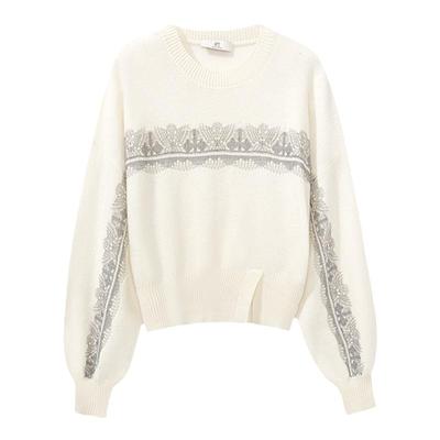 【限时折上折】HPLY荷比俪秋季新款女古典蕾丝提花开衩套头毛衫