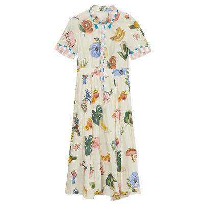 谜底原创印花连衣裙年夏新品田园风苎麻中长裙短袖242ML0547