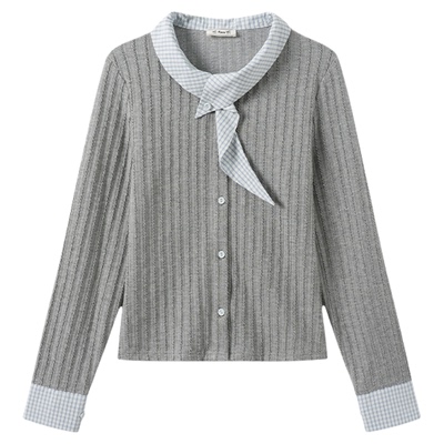 韩系格纹假两件拼接针织长袖女