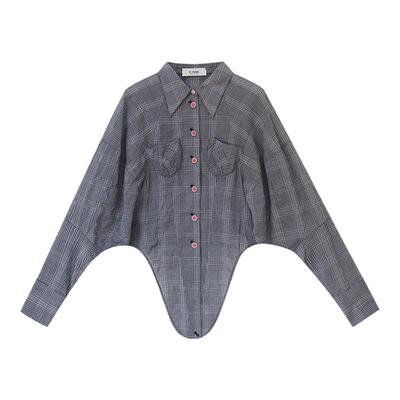 格纹系结短款长袖衬衣