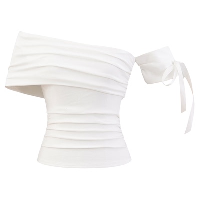 韩国thetis春夏款设计感不规则斜露肩斜肩修身短袖