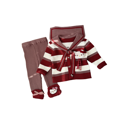2026春季新款儿童KT猫韩版卡通毛衣红白咖条纹针织衫打底裤两件套