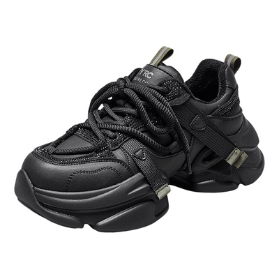 YRC黑色老爹鞋女ins2025秋冬新款厚底厚底百搭通勤增高运动鞋