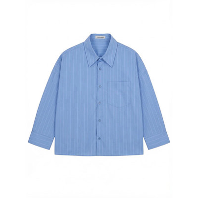 叁贰叁 复古条纹衬衫男七分袖翻领宽松休闲潮流衬衣外套