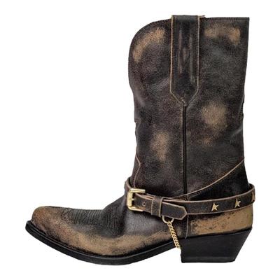 擦色尖头西部牛仔靴女粗跟复古靴