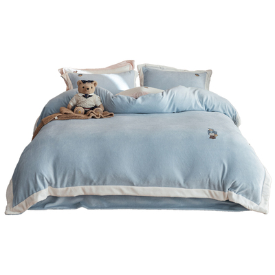 小熊蓝色加厚牛奶绒四件套