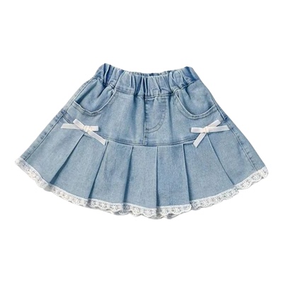 Girls' Summer 2025 New Denim Short Skirt Fashion Bow Lace La