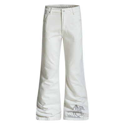 美式西部牛仔刺绣白色微喇牛仔裤