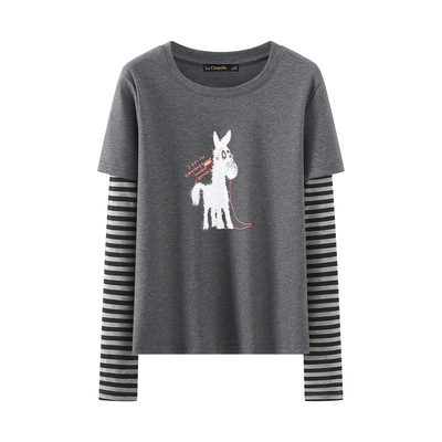 拉夏贝尔/La Chapelle学院风卡通条纹长袖T恤女2026春假俩件上衣