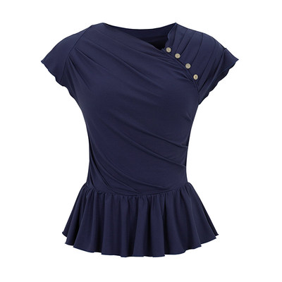 dorydory 新中式斜门襟抽褶撞色扣T恤设计感收腰荷叶边下摆上衣