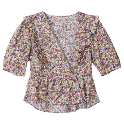 Oece春夏装新款女装 葡萄紫复古碎花法式减龄泡泡袖V领上衣