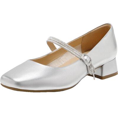 百丽银色玛丽珍鞋女春季新款法式粗高跟浅口单鞋子D7R1DAQ5