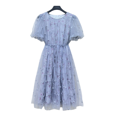 s.deer收腰泡泡袖法式茶歇连衣裙