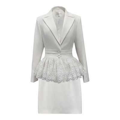 复古白色蕾丝深V西装包裙套装