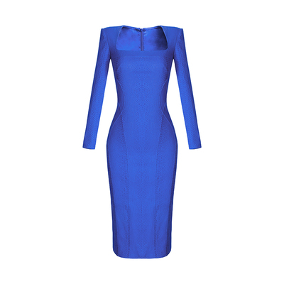 XULU原创弹力蛇纹提花轻奢简约气质优雅显身材长袖方领连衣裙