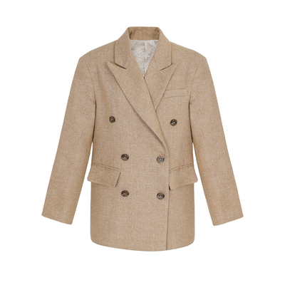 Miorastudio法式复古卡其翻领双排扣外套 高级感蕾丝拼接气质西装