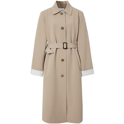 【会员专享】红袖2025春新款女装撞色边系带单排扣翻领长风衣外套