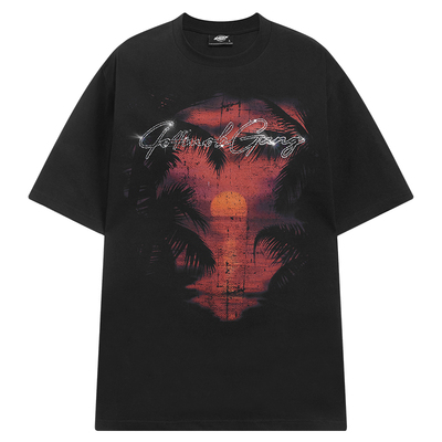 404MOB美式复古落日椰林印花烫钻短袖T恤男270g重磅凉感防晒体恤