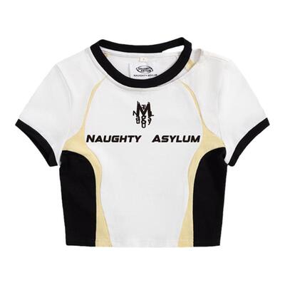 美式短袖拼接印花纯棉女T恤