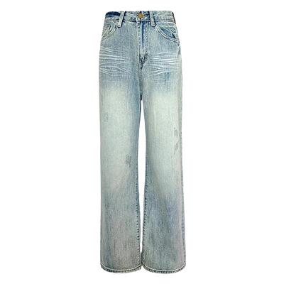 RNBN新款水洗高腰直筒阔腿牛仔裤