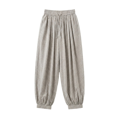 LANVIVIER 休闲时髦cleanfit 细格纹松紧高腰纽扣裤脚气球花苞裤