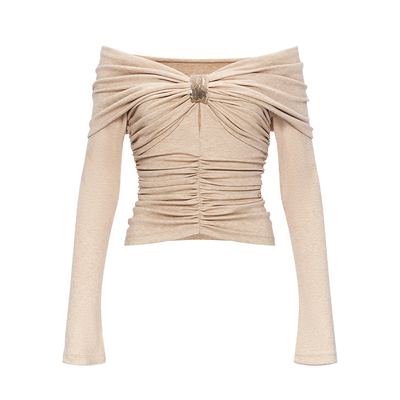 Sheer Luck Lili Knitted Top设计感一字肩褶皱显瘦针织衫