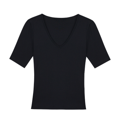 Maven Lin 极简气质|黑色基础通勤中袖V领t恤女弹力修身显瘦上衣