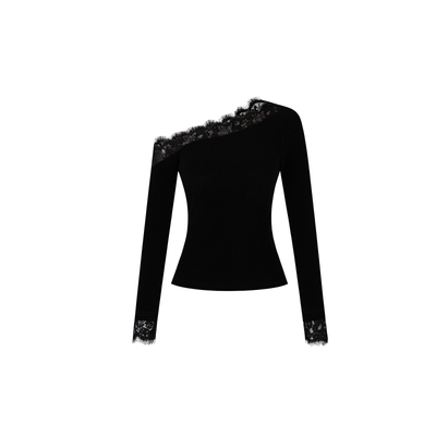 XULU原创高级醋酸颗粒感透气麻纱T恤蕾丝贴花斜肩长袖收腰上衣