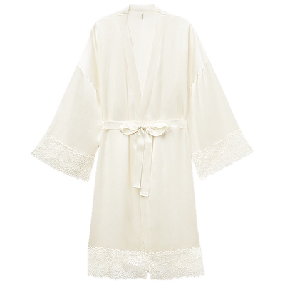 优雅桑蚕丝花卉蕾丝拼接睡袍