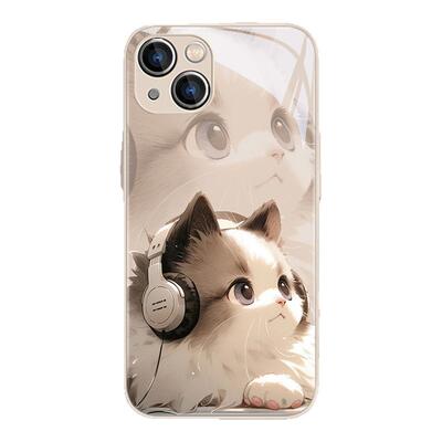 适用苹果玻璃可爱猫咪手机壳