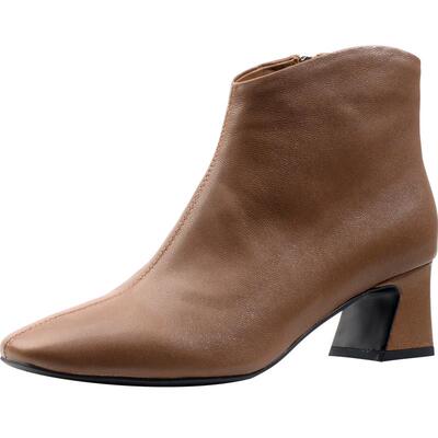 VDVC小众羊皮粗跟棕色瘦瘦短靴