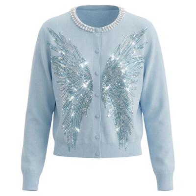 TCH烫钻翅膀针织开衫女2026春季新款圆领长袖上衣T78A43E1125