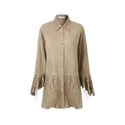 IF BY LAND x LOOKNOW2026春夏新品卡其绿复古镂空花边抽绳衬衫