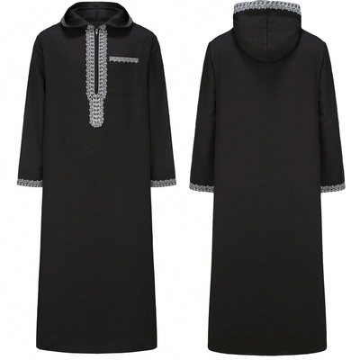 阿拉伯男士长袍刺绣连帽长袍迪拜袍子Muslim Moroccan Men Thobe