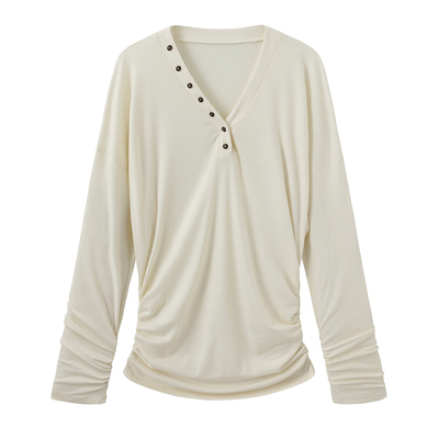 SHALL NOT UNTRUE兰精天丝V领长袖T恤女内搭堆叠感收腰打底衫上衣