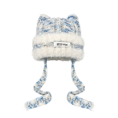 猫耳系带毛绒针织帽保暖护耳