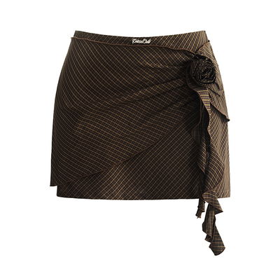 UNIFREEPLUS大码格纹棕色半身裙