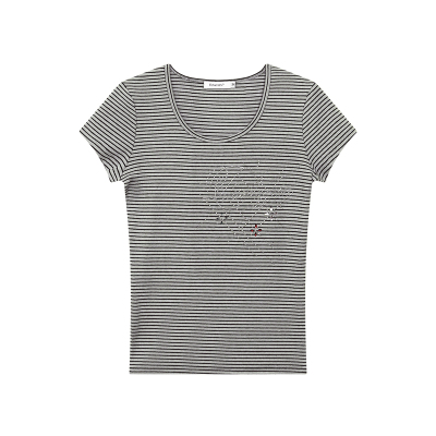 FUNKYFUN 小众烫钻设计条纹T恤正肩大圆领短袖弹力修身打底衫