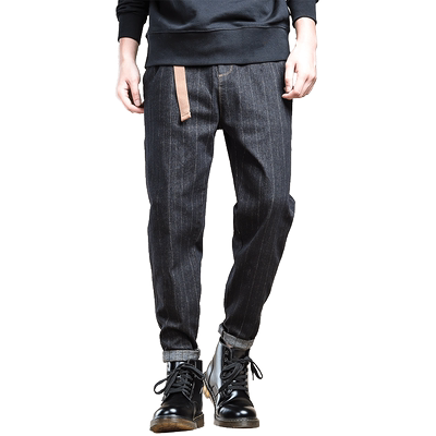 轻奢潮牌黑色暗纹秋冬牛仔裤条纹