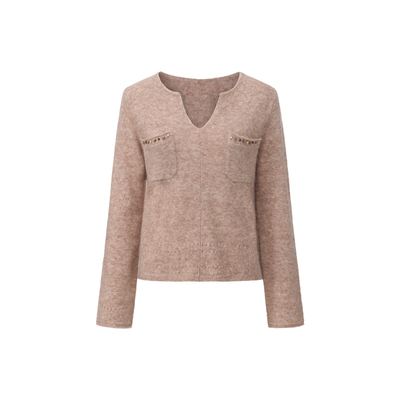 halfmoon X LOOKNOW2025秋冬新款杏色v领口袋钉珠针织衫女