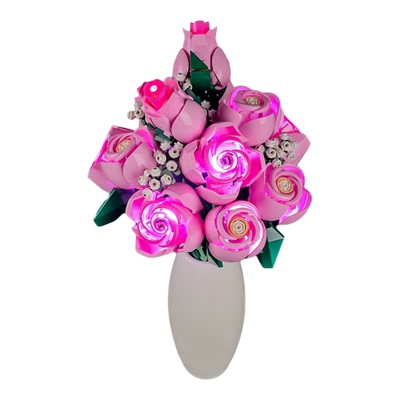 YEABRICKS适用照明10374灯光组粉色玫瑰花束装饰灯情人情趣氛围灯