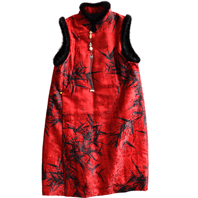 A字版型竹叶棉马甲裙带毛领国风