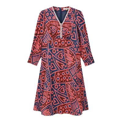 tanni优雅气质红色节日氛围高腰显瘦V领长袖印花连衣裙TO31DR011A