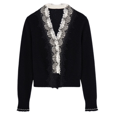 【多元蕾丝】HPLY荷比俪25冬绵羊毛山羊绒混纺V领蕾丝拼接羊毛衫