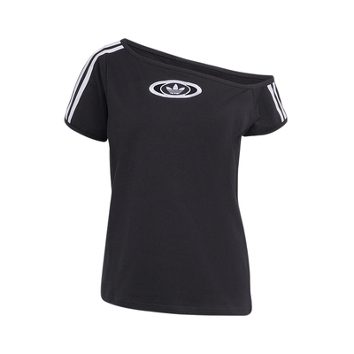 adidas阿迪达斯三叶草秋女斜领露肩运动短袖T恤三条纹KC8796